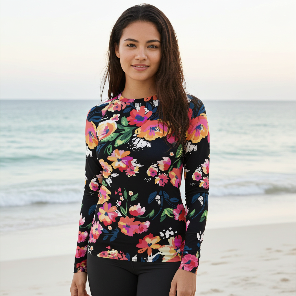 Women's Long Sleeve Rose Garden Black UPF 50 Rash Guard – Berry Jane™