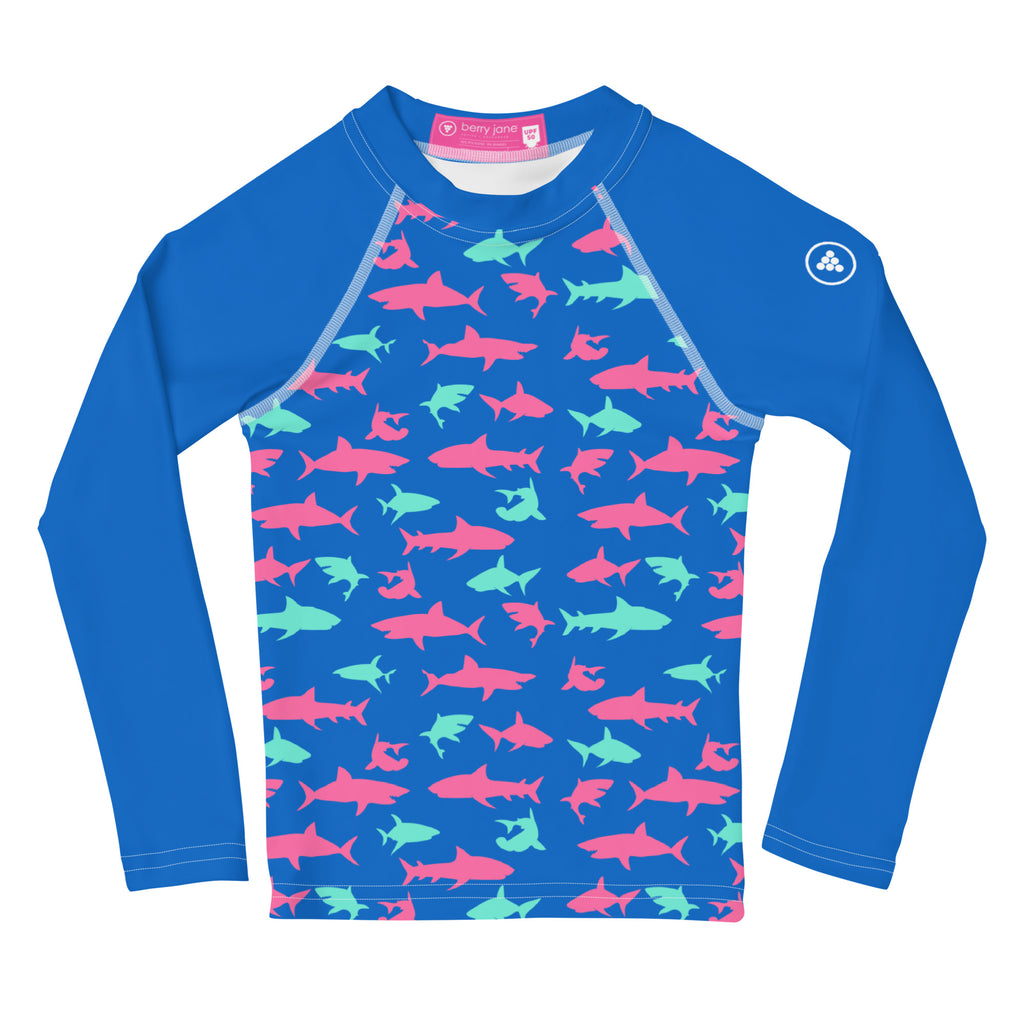 Kids UPF 50+ Rash Guard Sun Shirt, Electric Blue Sharks – Berry Jane™