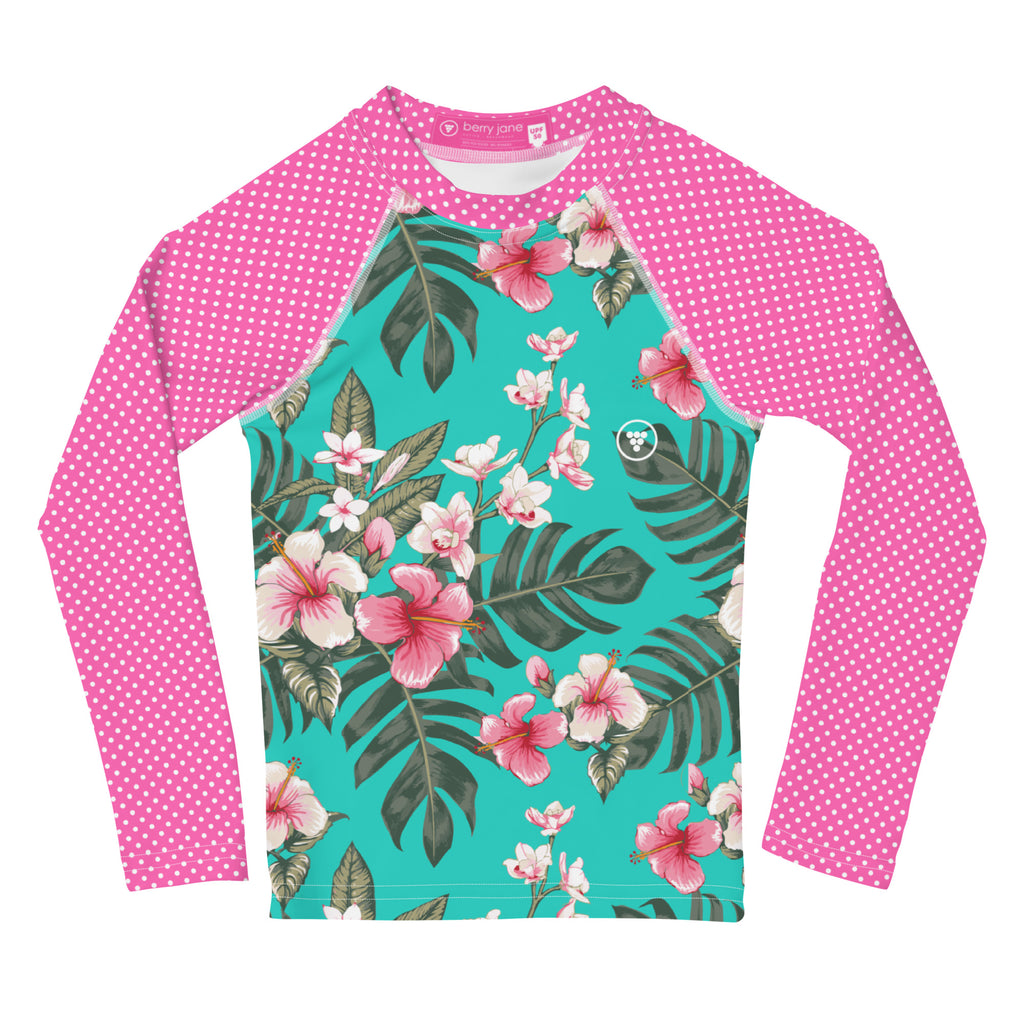 Girls UPF 50+ Hawaiian Tropical Floral Turquoise Pink Dot Rash Guard ...