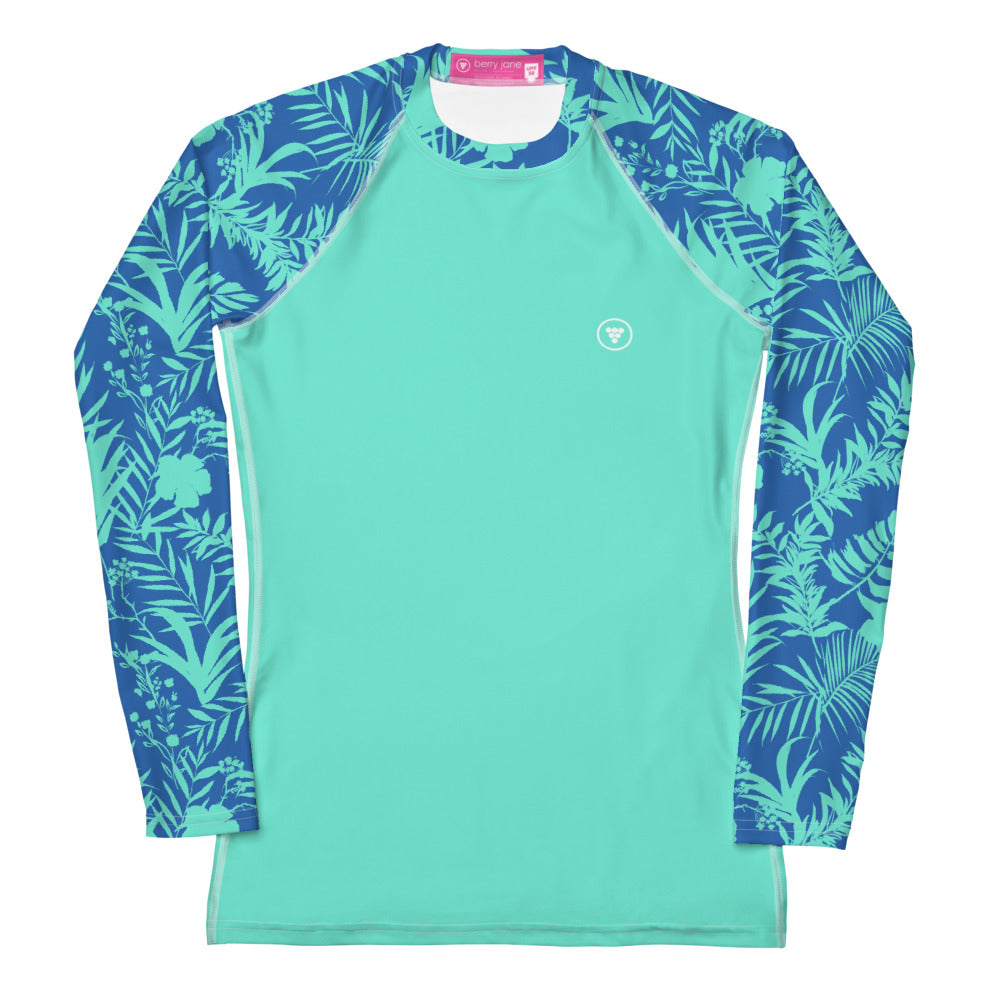Women's UPF 50+ Rash Guard, Swim Shirt - Turquoise Blue Palms – Berry Jane™