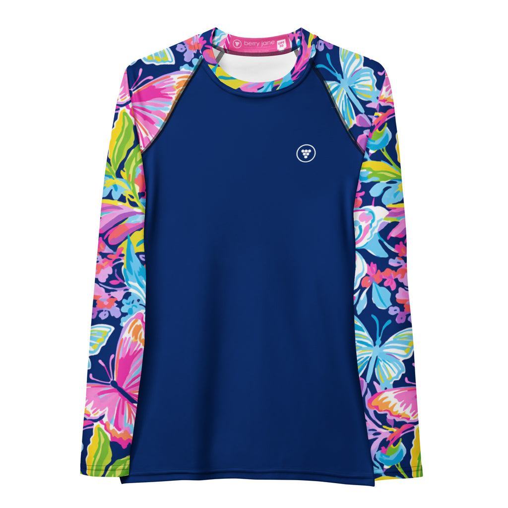 Women's UPF 50+ Rash Guard Sun Shirt, Preppy Floral Butterflies – Berry ...