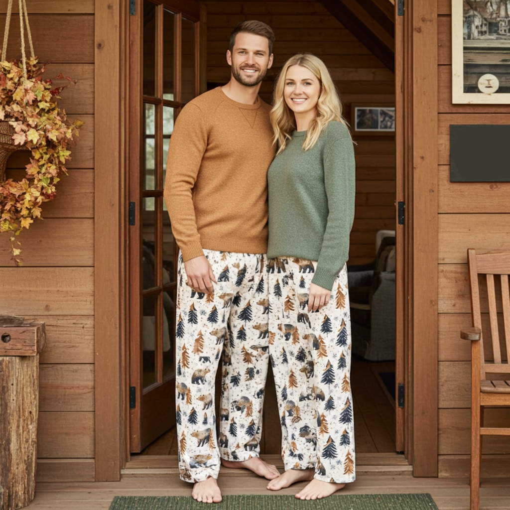His Hers Couples Matching Fall Winter Cozy Cabin Bears Pajama Pants ...