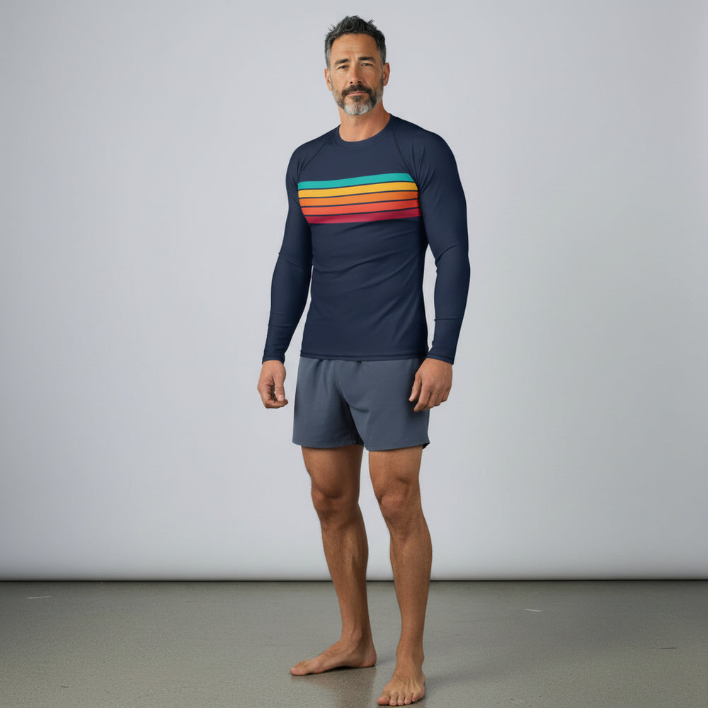 Men's UPF50+ Navy 70s Retro Stripe Rash Guard – Berry Jane™