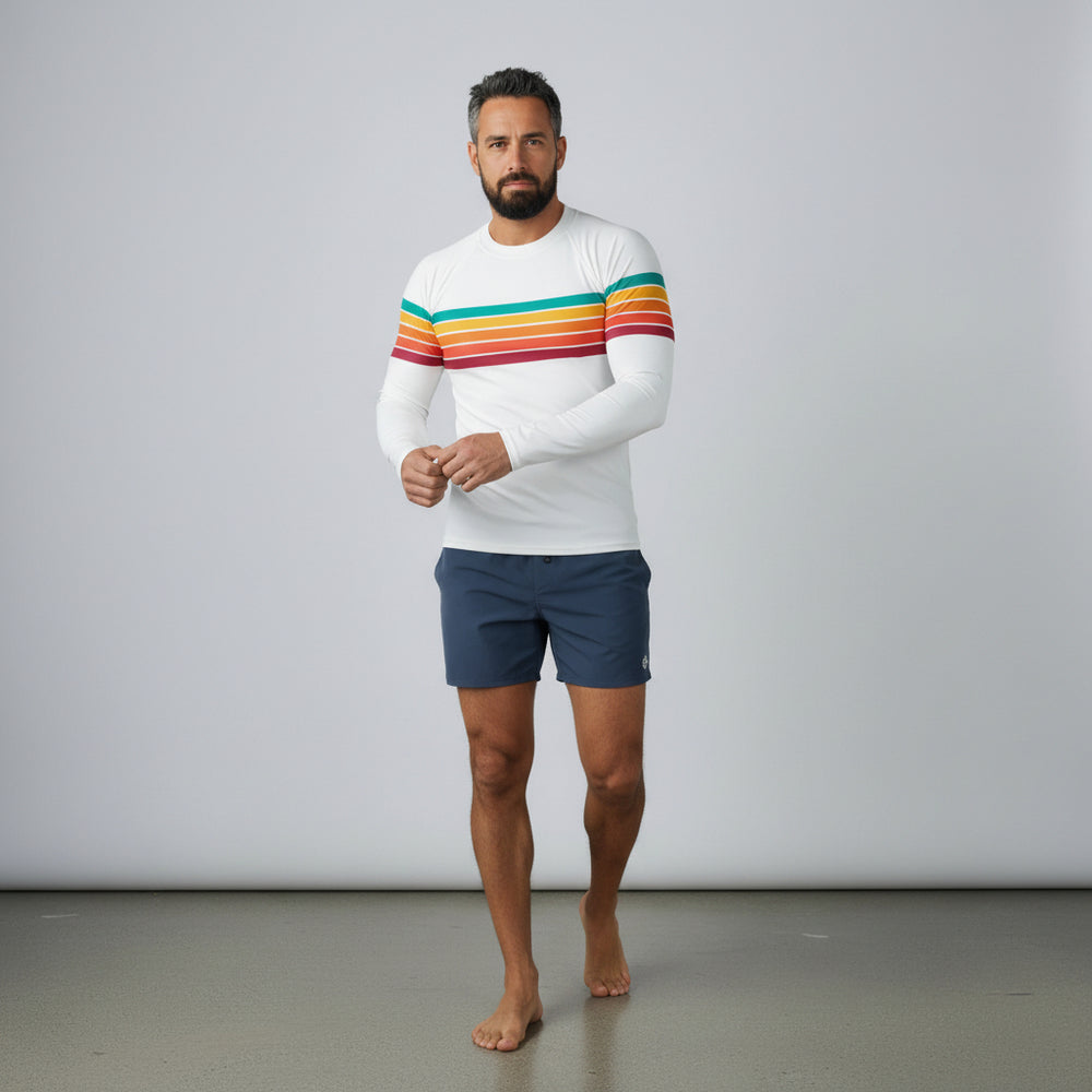 Men's 70s Retro Stripe Rash Guard - White – Berry Jane™