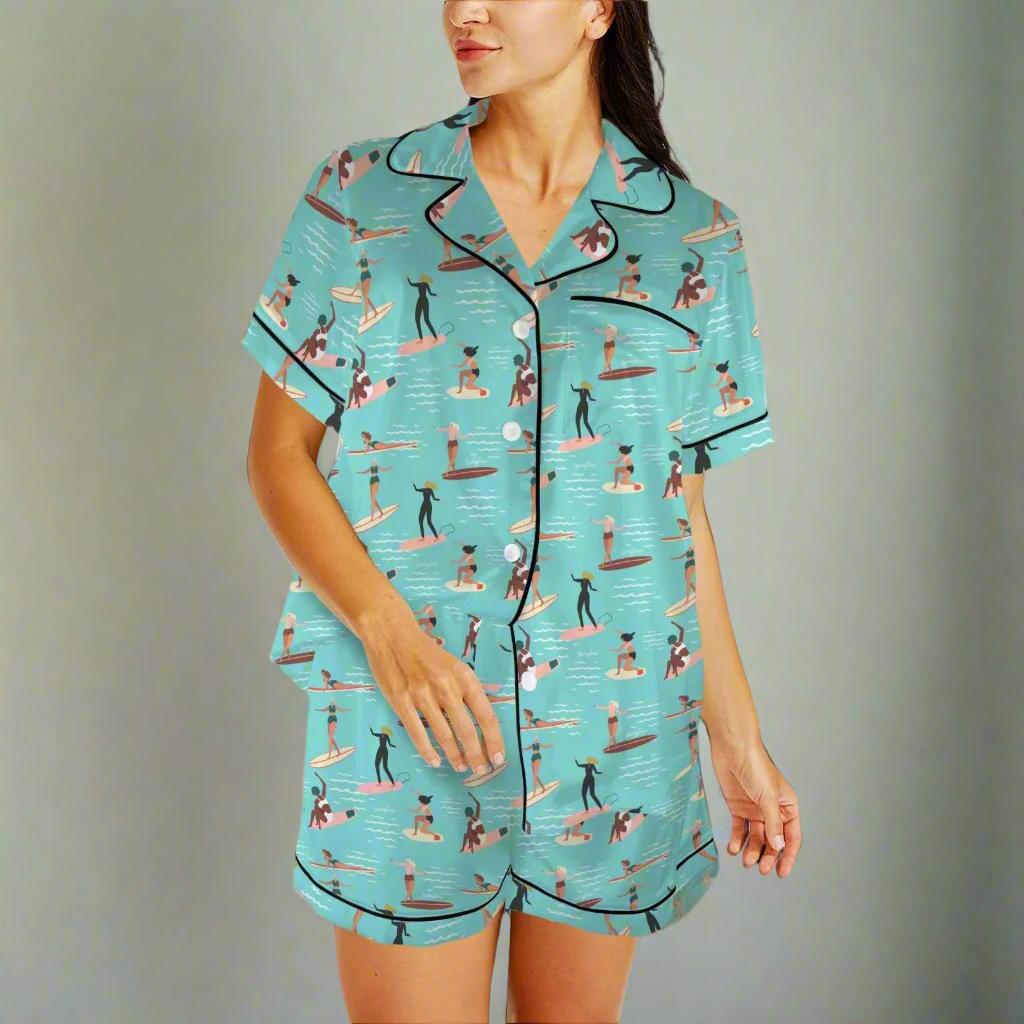 Women's Surfer Girls Summer Satin Pajamas Beach Shorts PJ Set – Berry Jane™