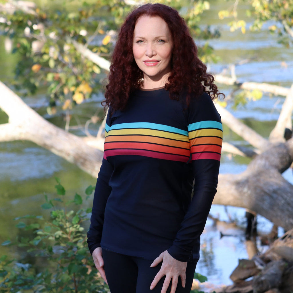 Women's 70s 80s Vintage Stripe Style Rash Guard UPF 50+, Black – Berry ...