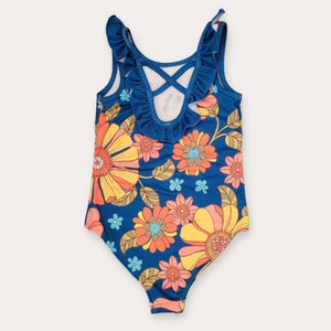 Girls 1-pc Bathing Suit, Ruffle Trim 70s Vintage Floral Print – Berry Jane™