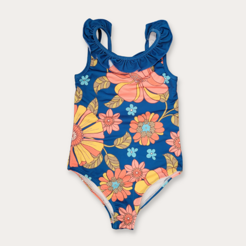Girls 1-pc Bathing Suit, Ruffle Trim 70s Vintage Floral Print – Berry Jane™